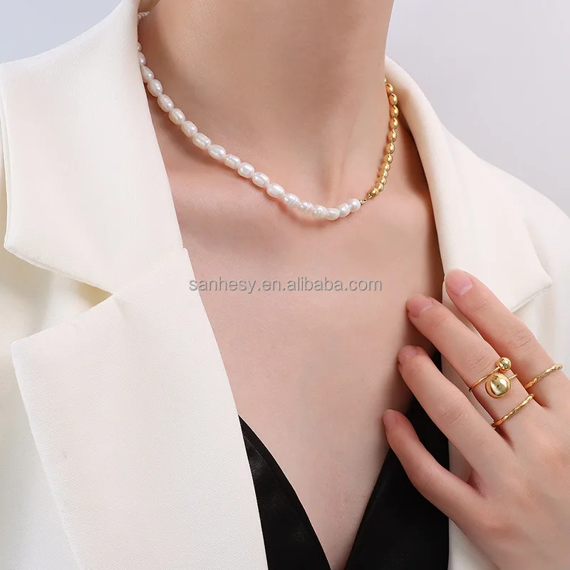 Stainless Steel 18K Gold Irregular Freshwater Pearl Link Chain Necklace ...