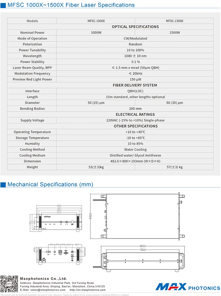 Maxphotonics 1KW-3KW Laser Source for Fiber Cutting Machines