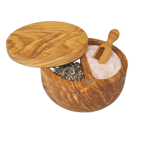 Olive Wood Salt Box Round Wooden Salt Keeper With Lid Olive Wood ...