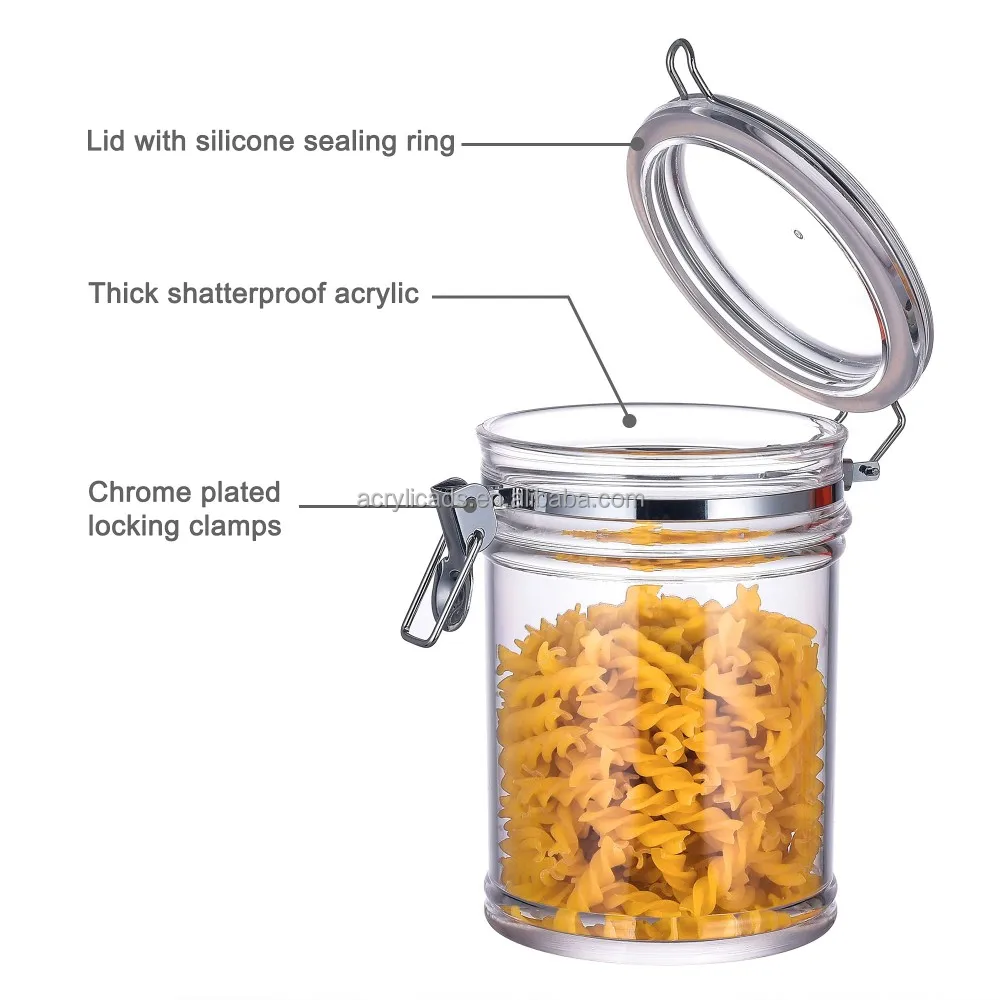Medium Acrylic Canister with Locking Clamp Airtight Flip Jar Food ...