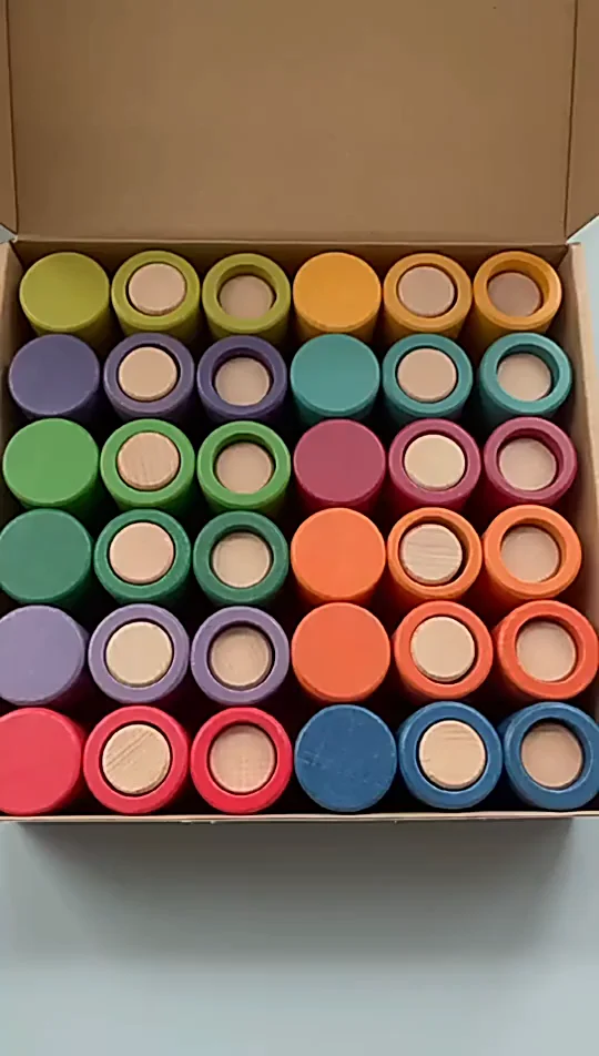 Wooden Rainbow Sensory Cup Blocks Montessori Educational Stack Peg Doll ...