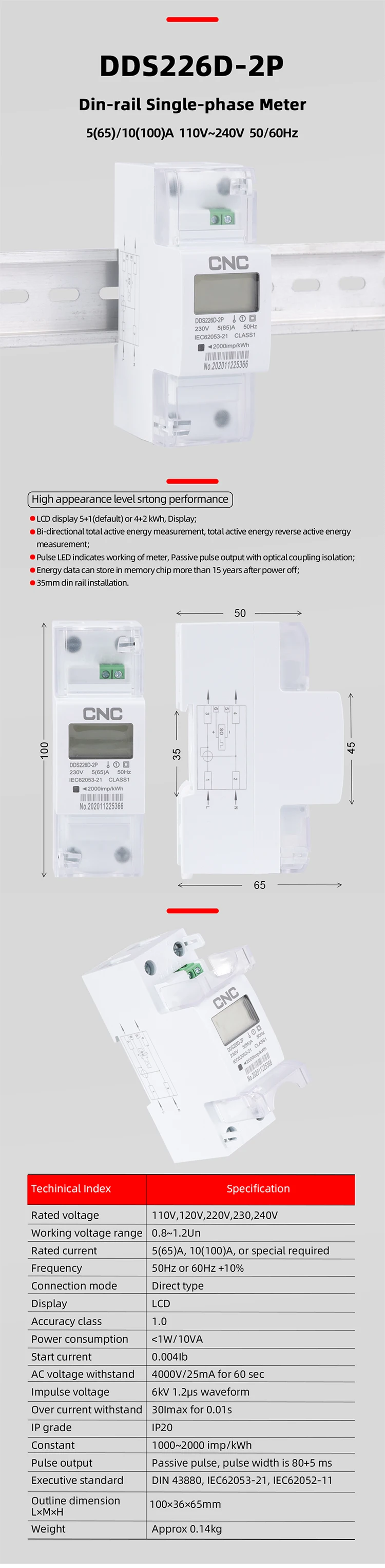 Din Rail with Electricity Single Phase Energy Meter - CNC DDS226D-2P