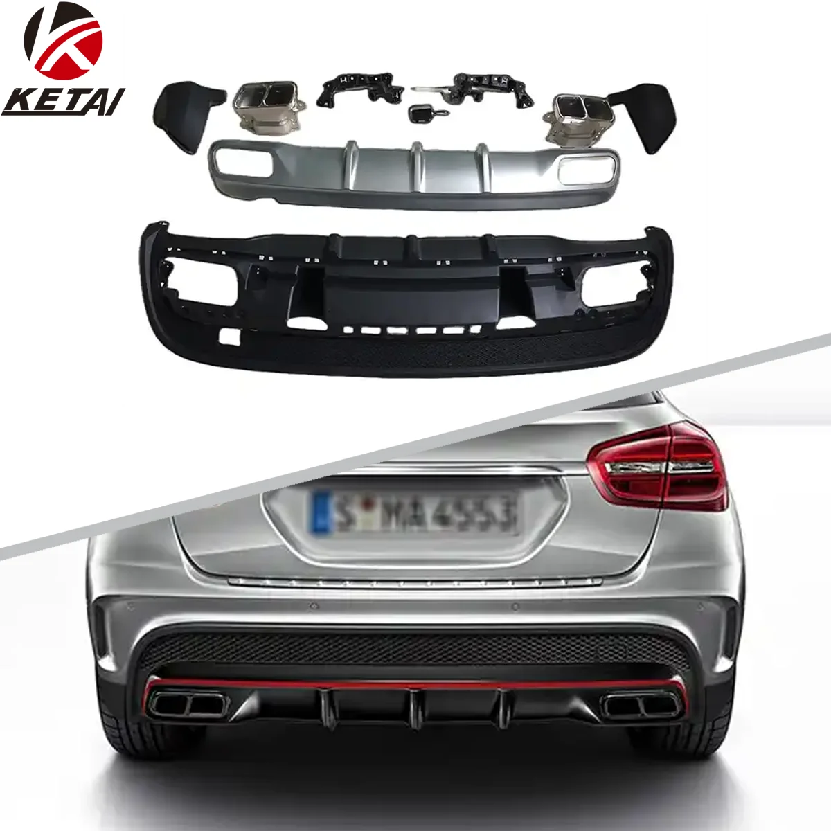 GLA45 Style Car Bumper Rear Diffuser With Silver Black Tips For BENZ ...