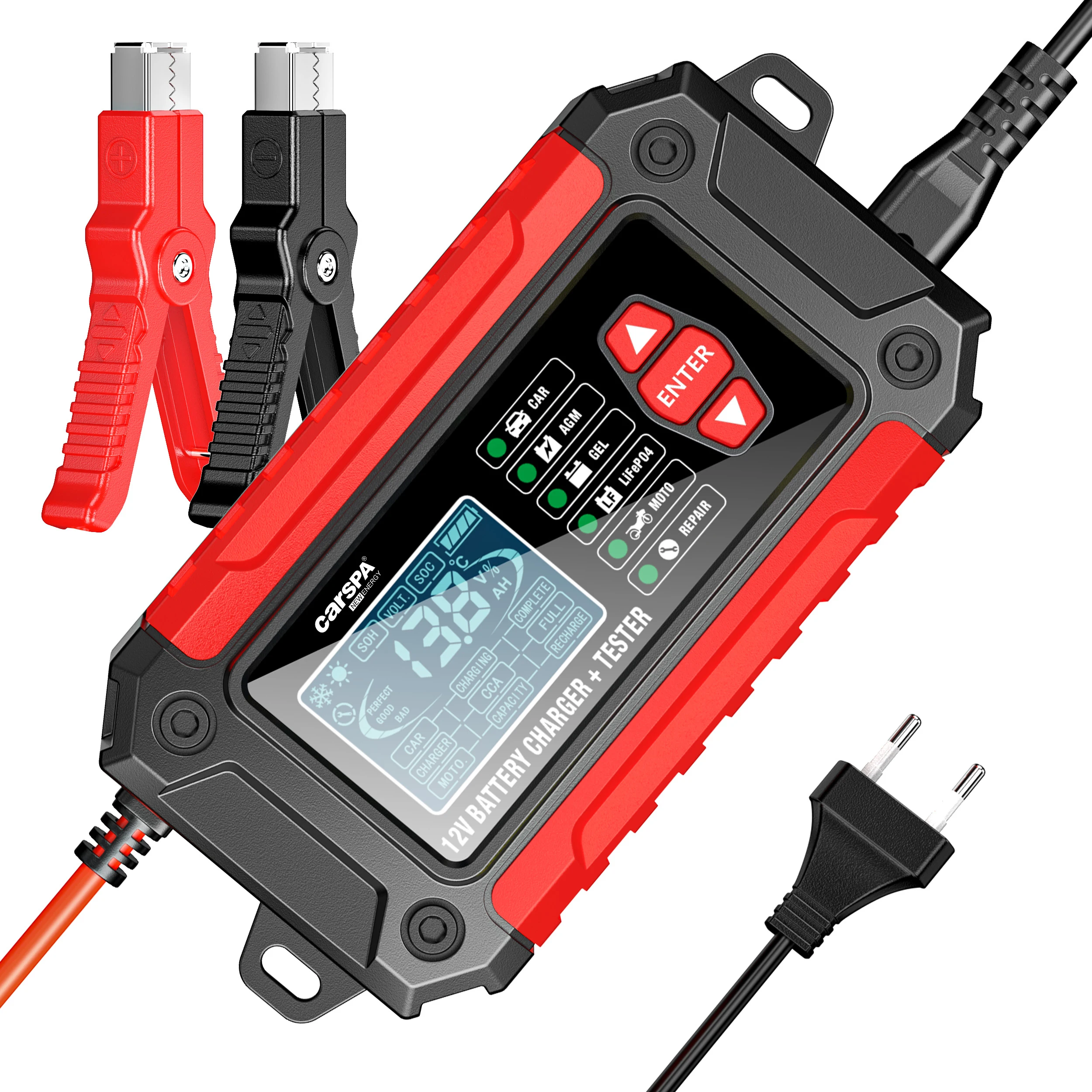 Carspa Motorcycle car battery charger battery tester pulse repair 12 volt lifepo4 lead acid battery analyzer