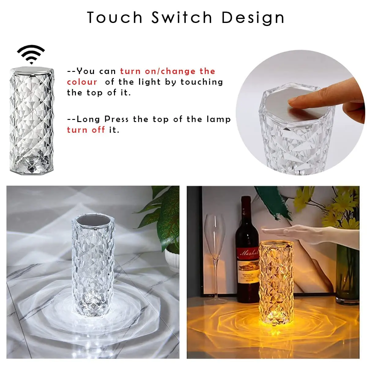 Led Crystal Lamp Diamond Rose Light Table Lamps Rechargeable Touch ...