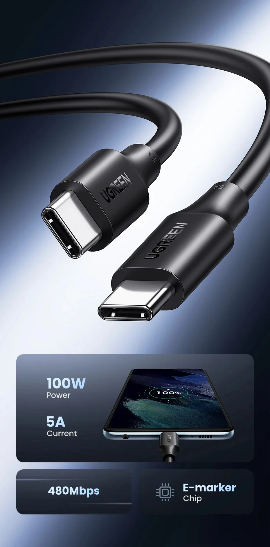 UGREEN PD100W 5A USB C to USB C Fast Charging Cable