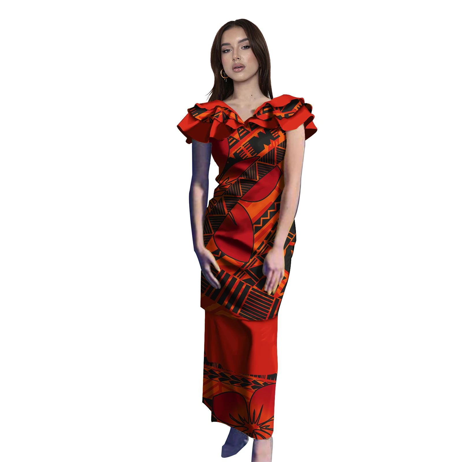 Women Polynesian Tribal Samoan Tapa Flower Print Maxi Dress Puletasi ...