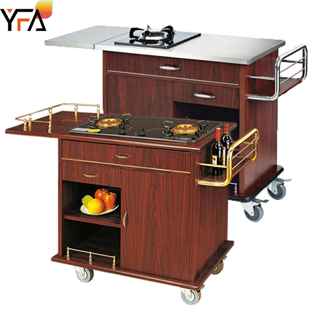 Movable single and double heads flambe trolley Cooking cart stainless ...
