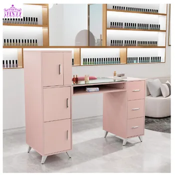 Modern Pink Salon Furniture Glass Top Manicure Desk With Storage ...
