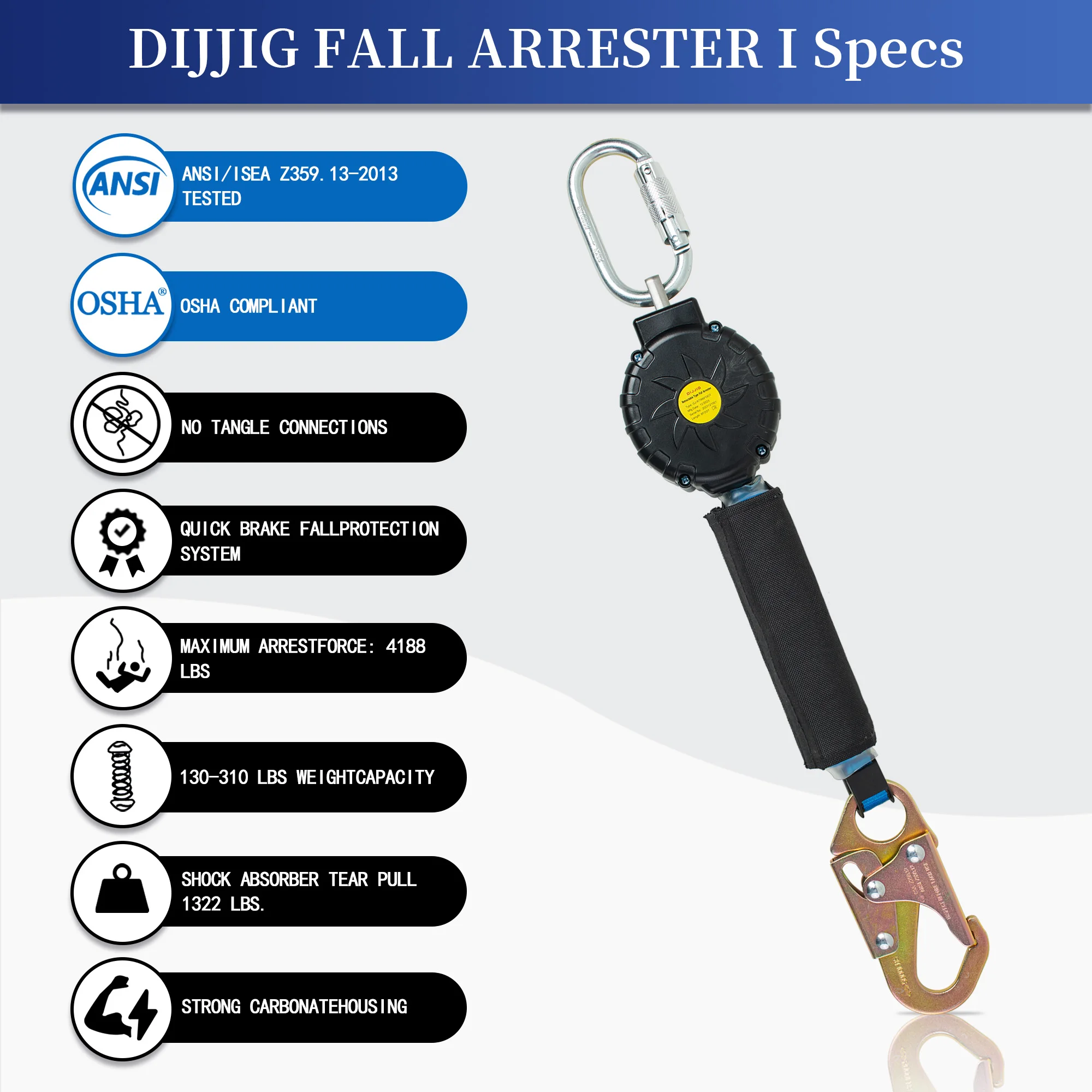 High Strength Retractable Wire Rope Fall Arrester - Durable