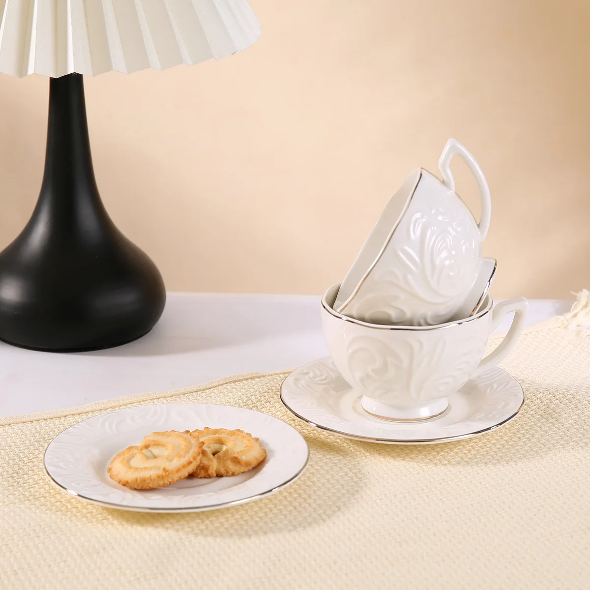 Luxury White Gold Tea Cups Set of 6 Turkish Embossed Coffee Cups Set 220ml Ceramic Tea Gift Set ...