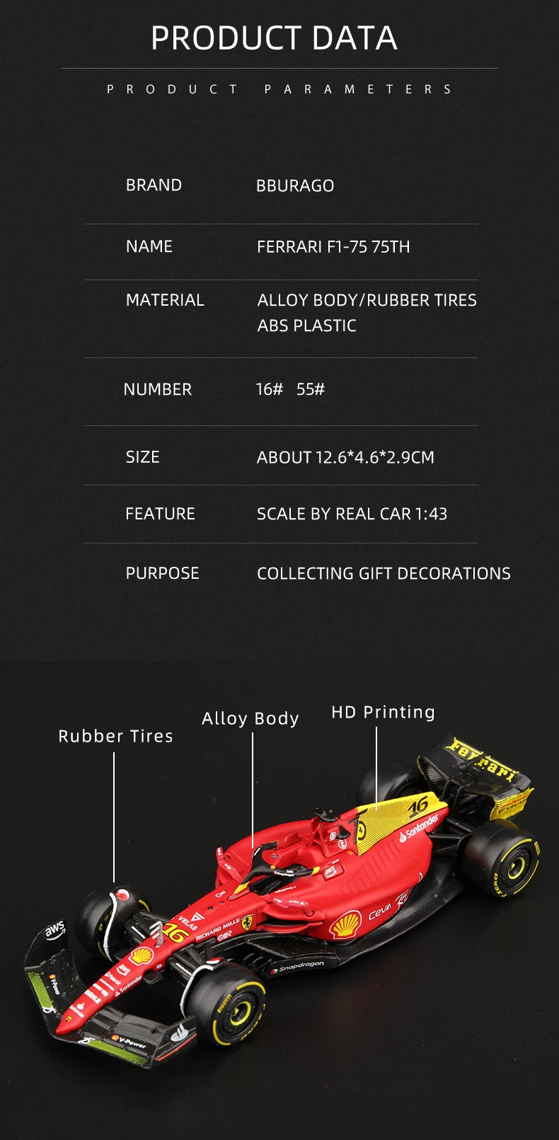 Bburago 1:43 75th Anniversary #16 #55 Leclerc Sainz 2022 F1 Scuderia ...