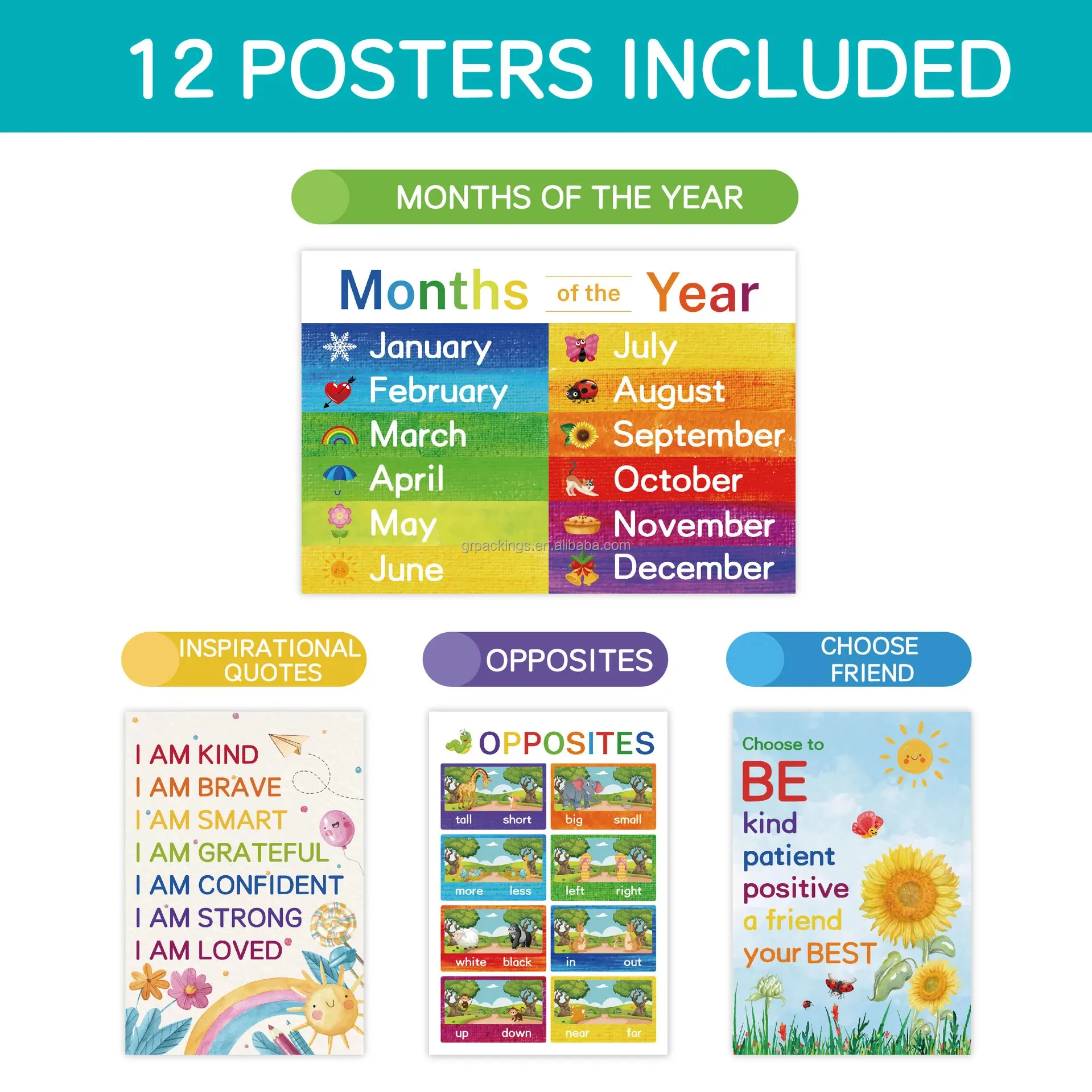 12 Pcs Children's English Educational Posters for Kindergarten