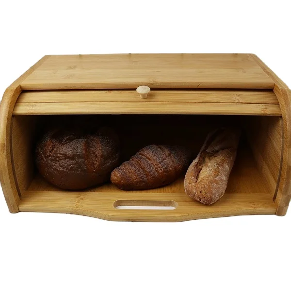 Organic Bamboo Bread Storage Box Wooden Roll-top Bread Holder With ...