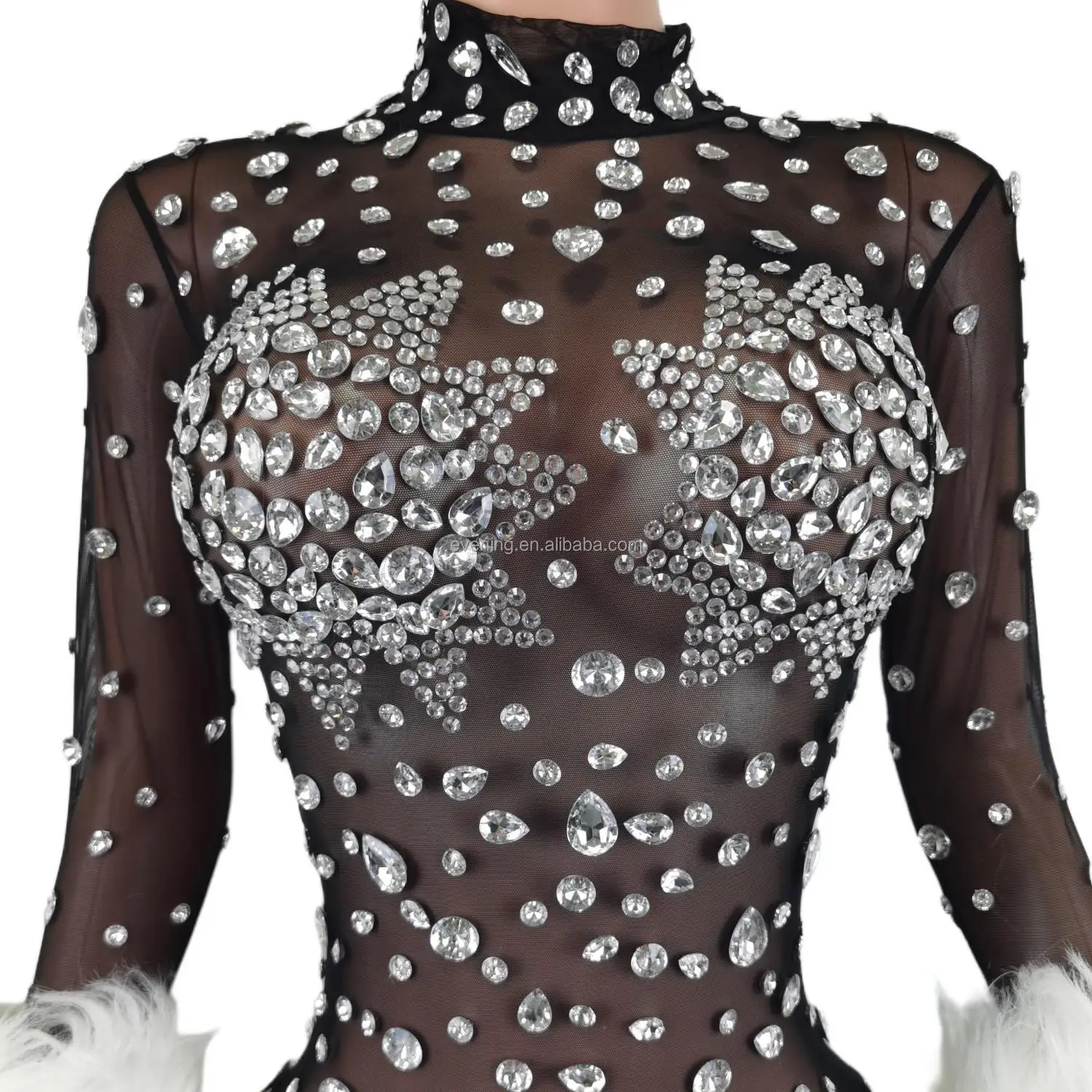 Luxury Transparent Mesh Feathers Dance Bodysuits Night Club Party ...