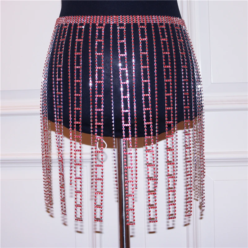 Sexy Red Rhinestone Crystal Tassel Body Chain Long Skirt Dance Waist