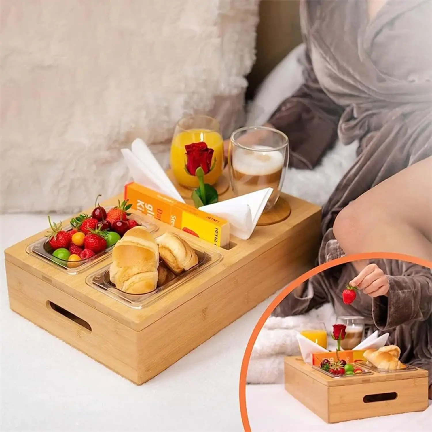 Bamboo Wood Couch Bar Snack Box Caddy Tray Organizer Sofa Tray With ...
