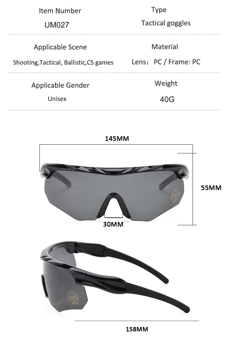 Explosion-proof Goggles 3 Lenses PC UV400 Tactical Shooting Glasses