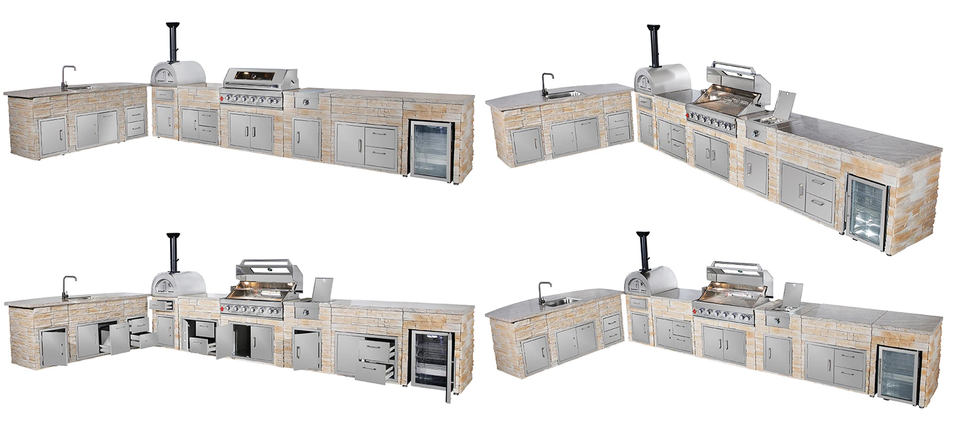 Complete L-Shaped Outdoor BBQ Grill Island Set with Stone Veneer