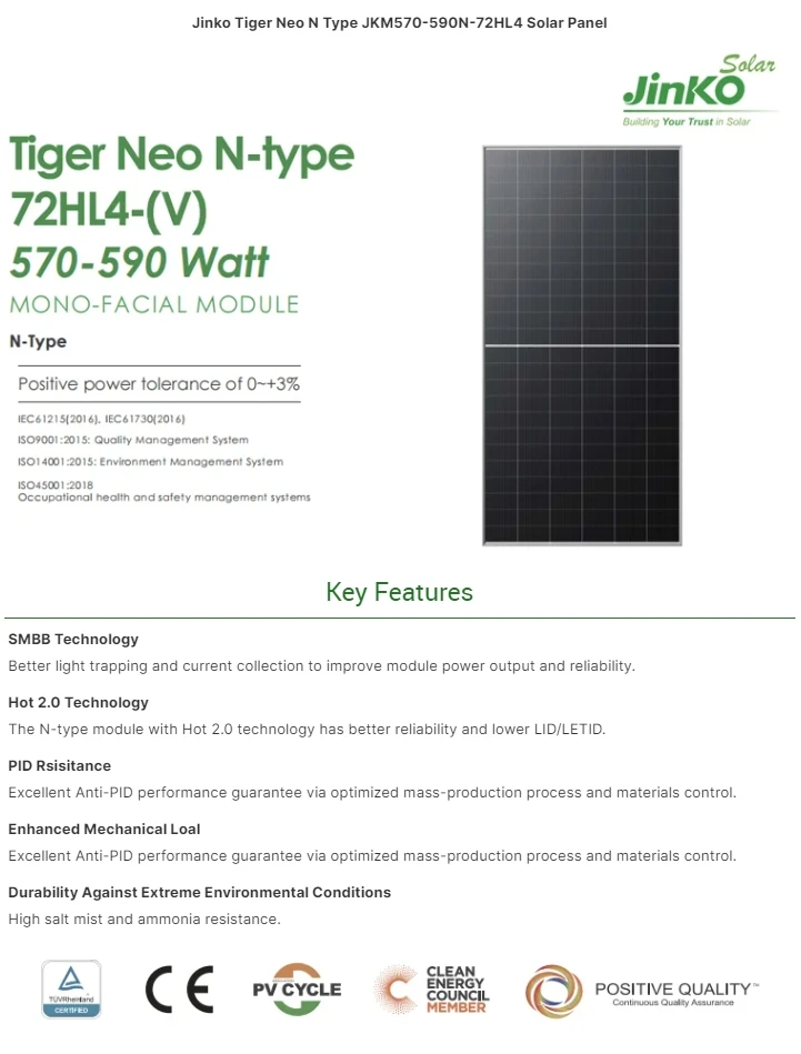 Jinko Tiger Neo N Type 72hl4-(v) 570-590 Watt Mono-facial Module 570w 575w 580w 585w 590w Solar ...