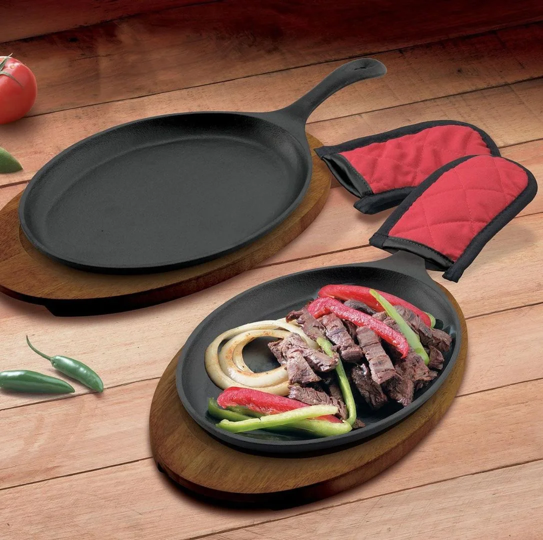 Round Oval Pre-seasoned Cast Iron Grill Sizzling Pan Bbq Cookware ...