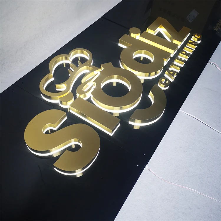 Backlit 3d Acrylic Signage Gold Storefront Stainless Steel Business Led Letter Signs Board For ...