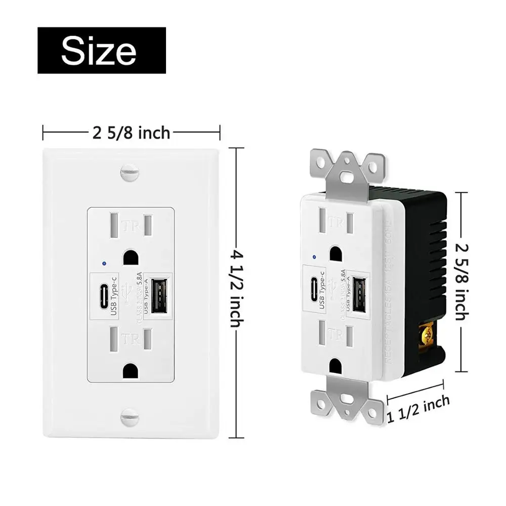 15a 125v American Type A & Type C Port Usb Charger Receptacle Plug,5.8a ...