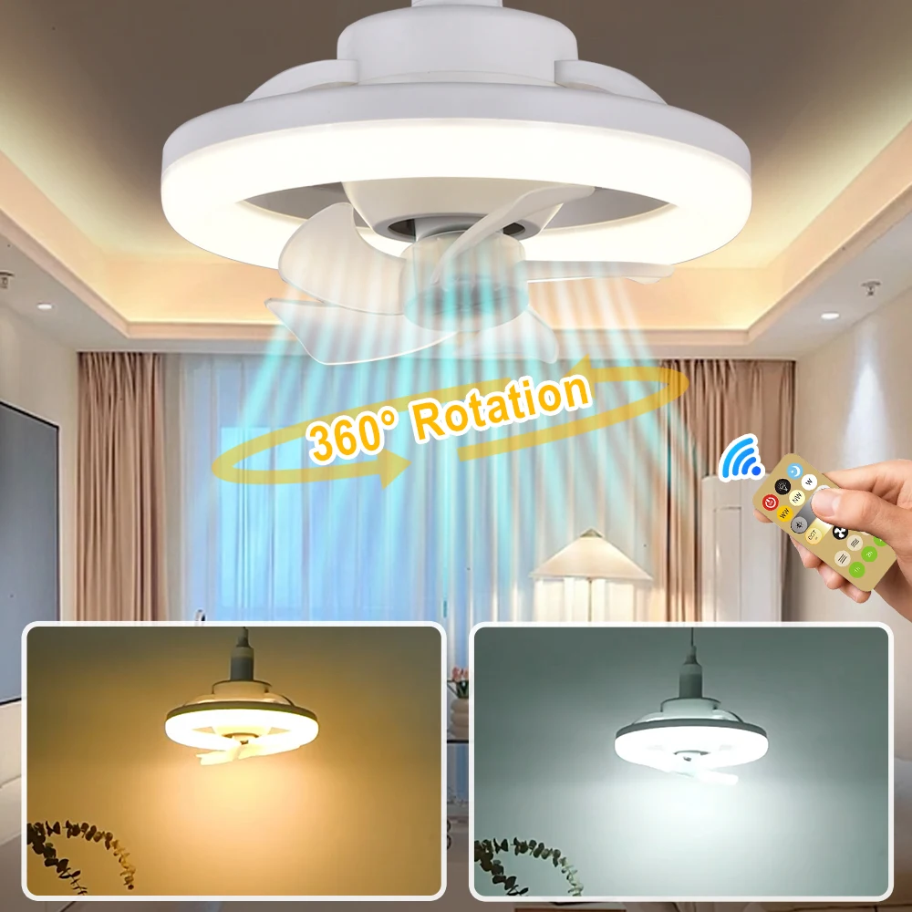 Ventilator de tavan E27 cu lumina LED, WALALLA, ventilator cu priza, cu ...