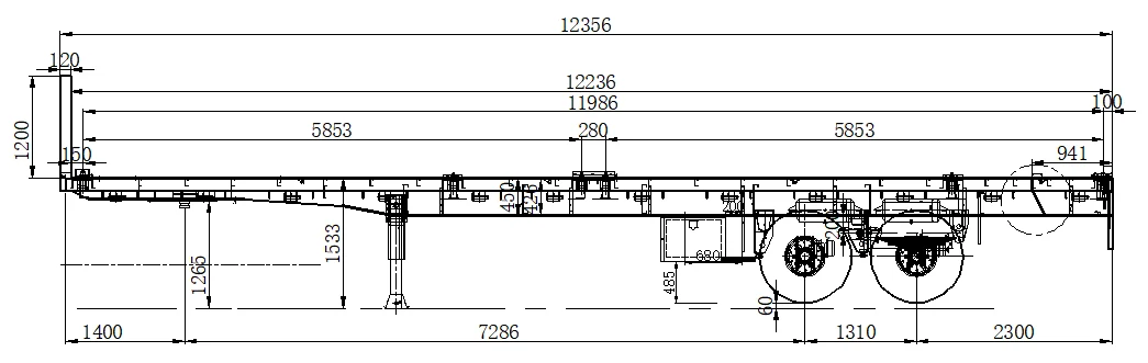 3 Axl 40ft Frame Flatbed Container Semi Trailer For Pickup Trucks Steel ...