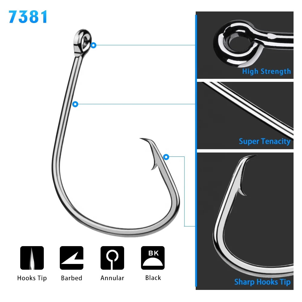Black Offset Sport Circle Bait Fishing Hook 7381 High Carbon Steel ...