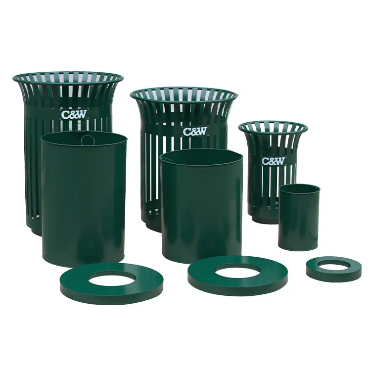 Round Slatted Steel Big Public Garbage Can Container Outdoor Street ...