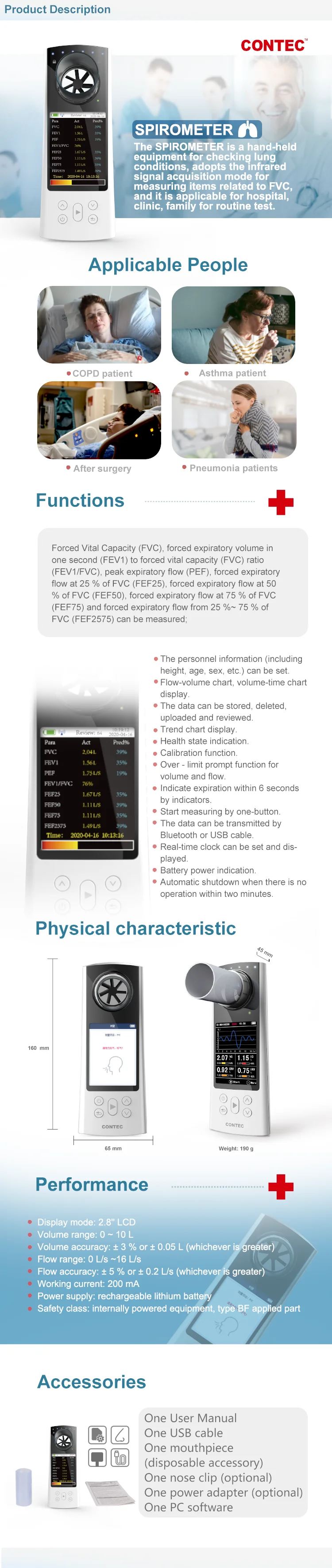 Contec Sp80b Hand Held Spirometer Test Lung Capacity Spirometer ...