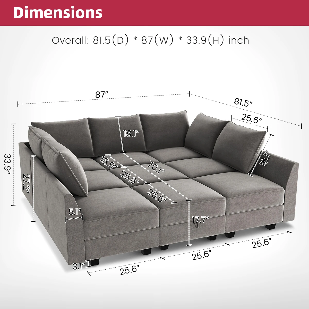 Convertible Sectional Sofa Modular Sofa 9 Seat Couches with Memory Foam ...