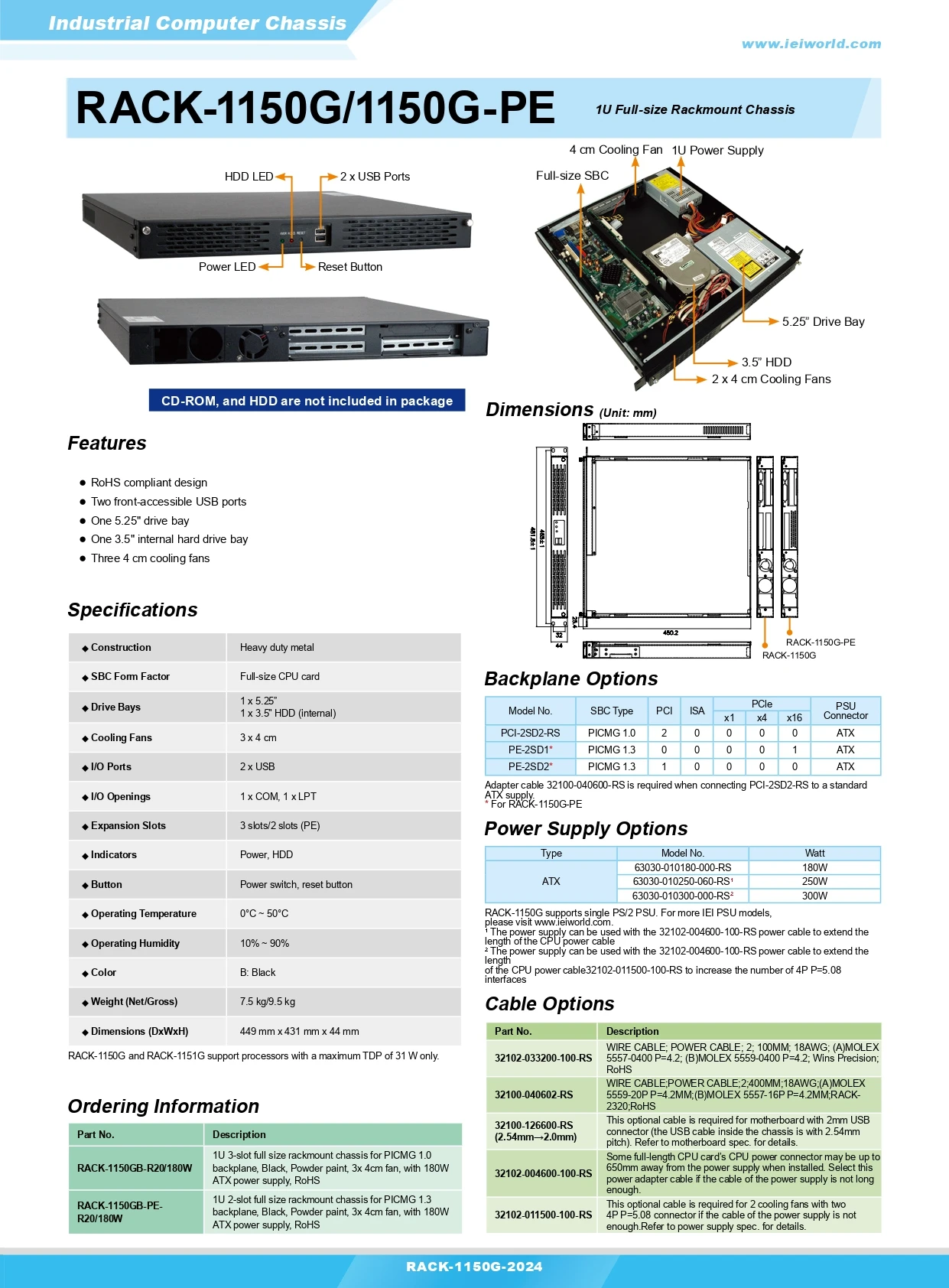 IEI RACK-1150GB-PE 1U 2-Slot Rackmount Chassis with Power Supply