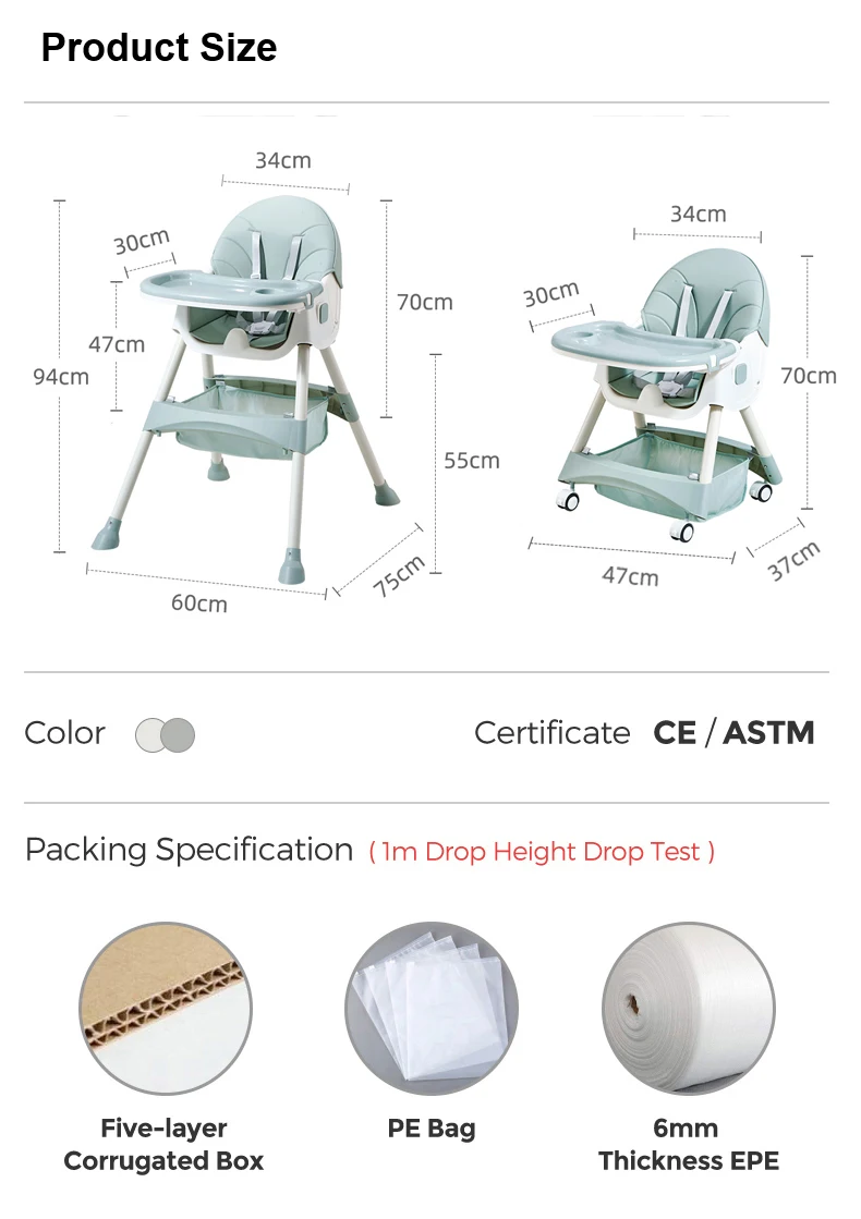 Baby Feeding Chair with Wheels - 3 in 1 Foldable Design
