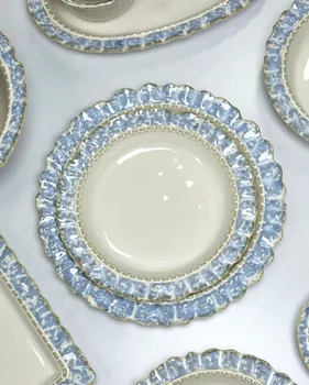 French Style Elegant Smoke Blue Ruffle Flower Ceramic Dinner Plate Set ...