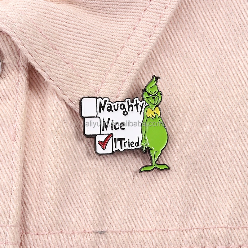 Sming Pins Cartoon Green Monster Enamel Pins Custom Naughty,Nice,Itried ...