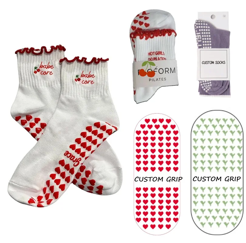 Cute Embroidered Cherry Ruffle Lettuce Yoga Pilates Grip Socks Heart ...