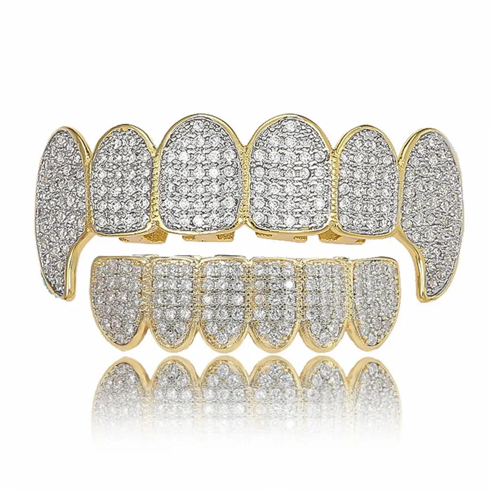 Iced Out Gold Teeth Grillz Hip Hop Top Bottom Set 18k Gold Moissanite ...