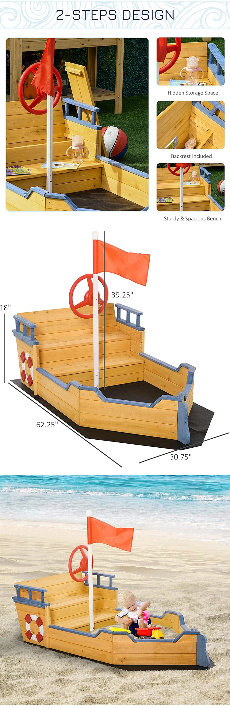 Kids Sandbox Wooden Pirate Ship Sand Play Boat Bench - Buy Outdoor ...