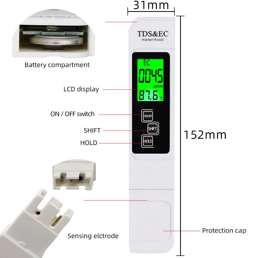 3 In 1 Tds/temp/ec Meter Tds Ec Tester 0-9990 Ppm Conductivity Detector ...