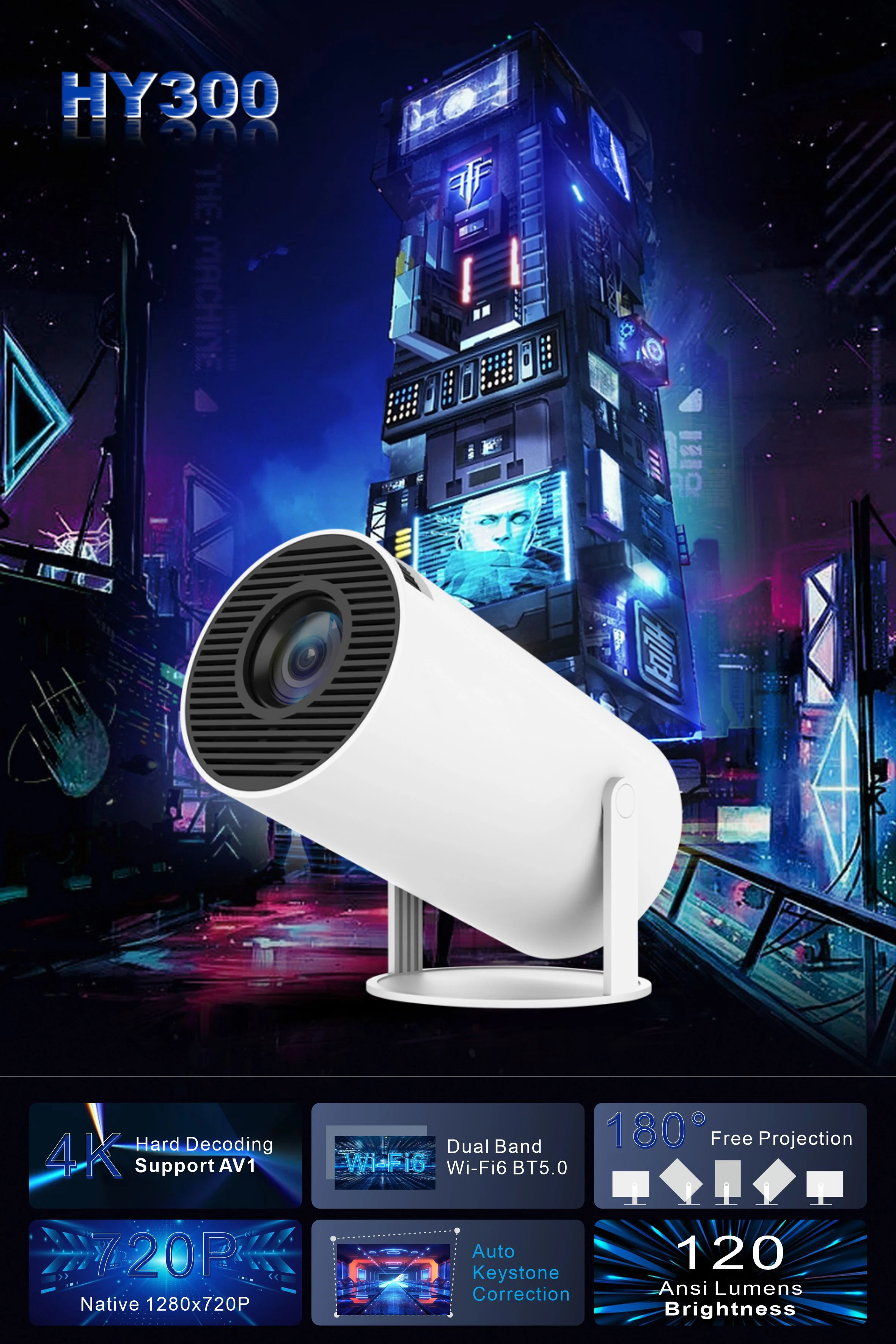 2024 Newest Hy300 Smart Portable Projector Android 11 Mini Projector ...