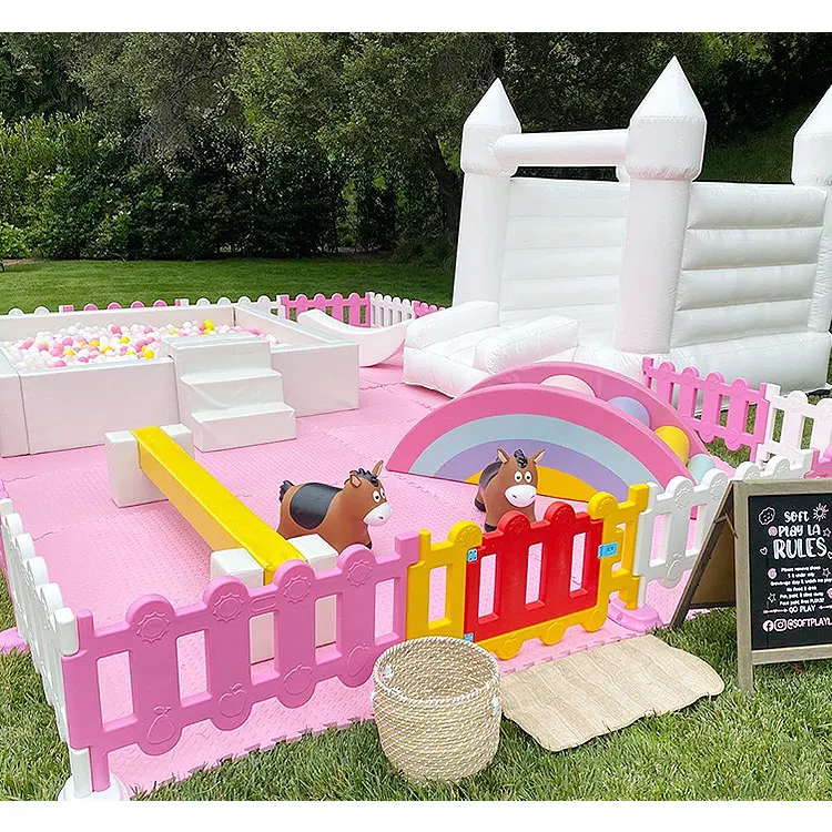 Light Cyan And White Soft Play Set With Slide And Bounce House Animal ...