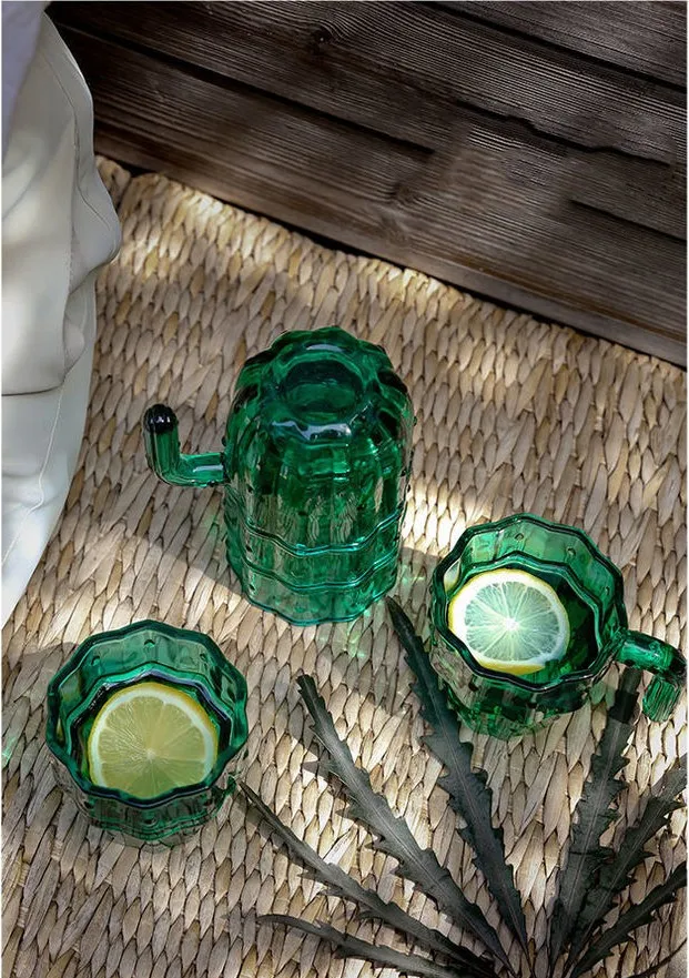 220ml Vintage Green Colored Glass Tumblers Set Of 6 Stackable Cactus ...
