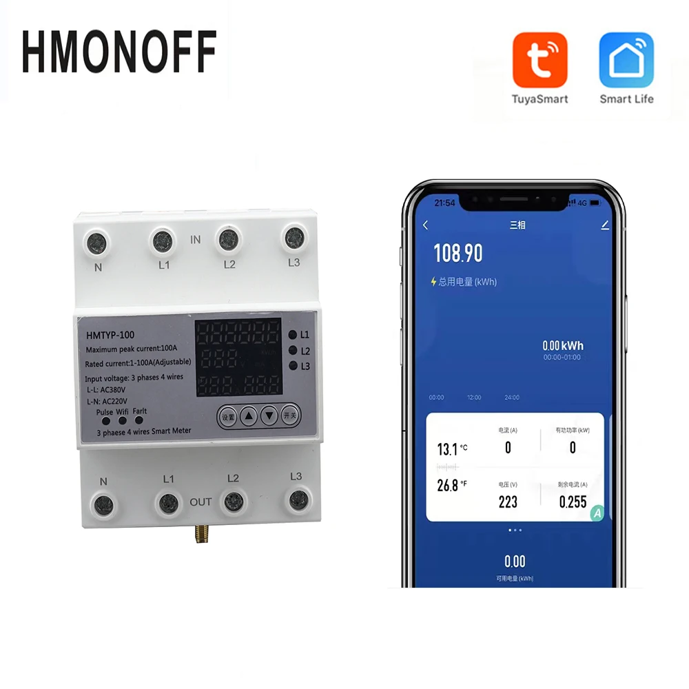 Hmonoff Tuya 3 Phase Din Rail Wifi Smart Energy Meter Timer Power ...