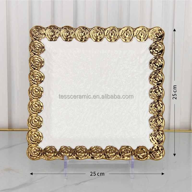 Rcy001plates Wedding Luxury Gold Rose Flower Rim 10 Inch Ceramic ...