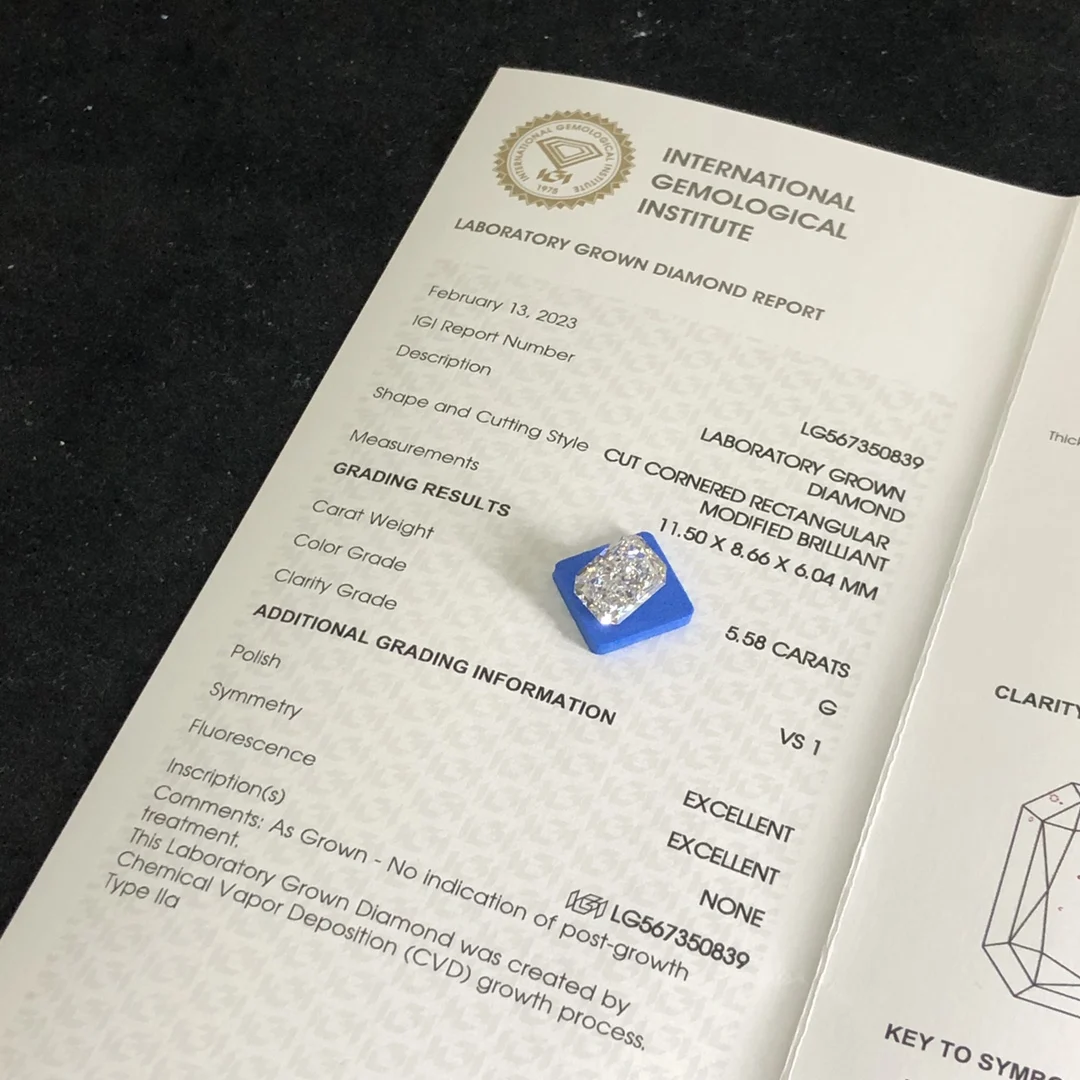 Messi Gems Cvd Rectangular 5.58ct G Vs1 Ex Ex Diamond Igi Certificate ...
