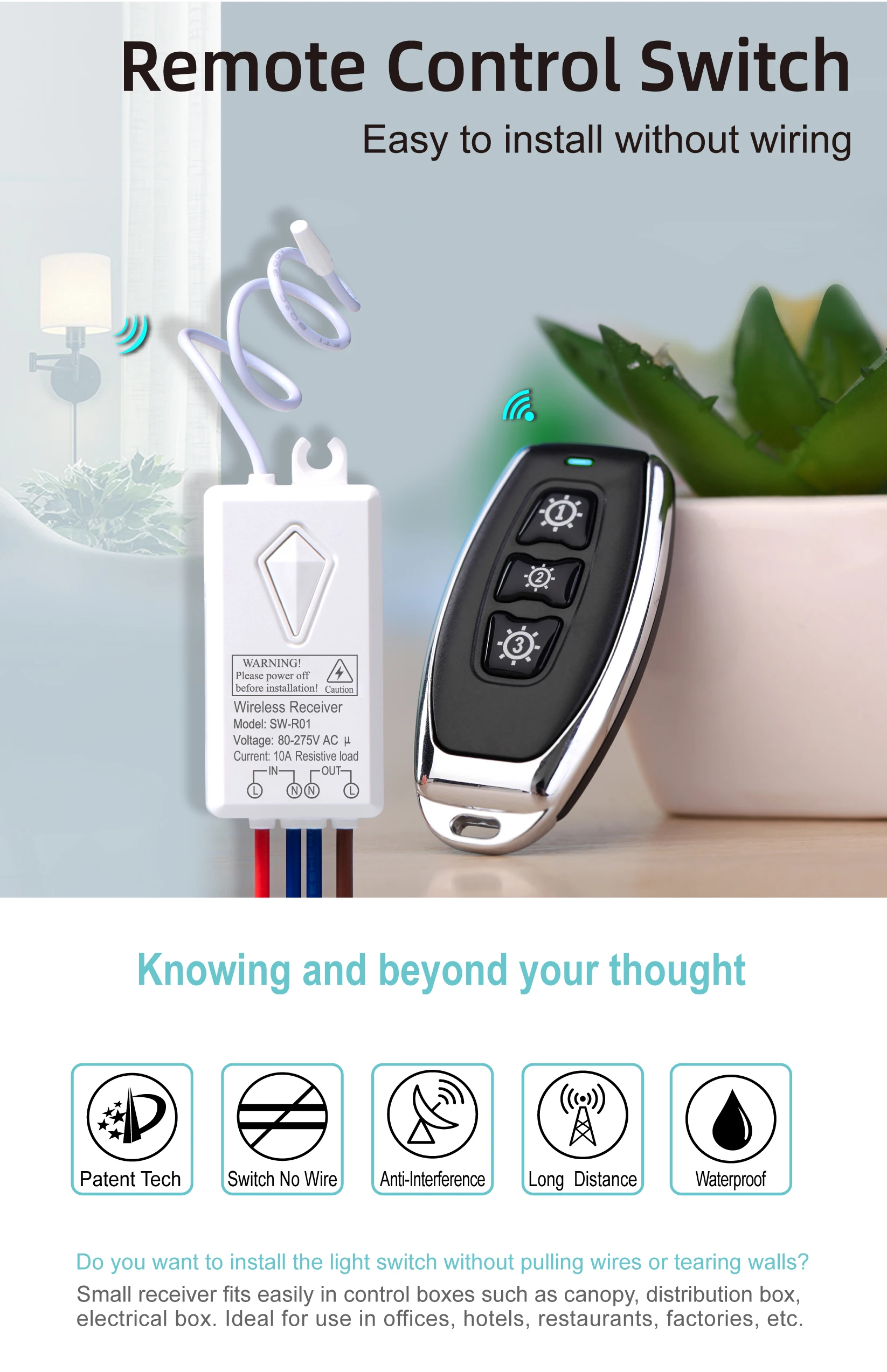 Remote Control 3 Way Wireless Switch and Receiver Kit 30-100Ft Range ...