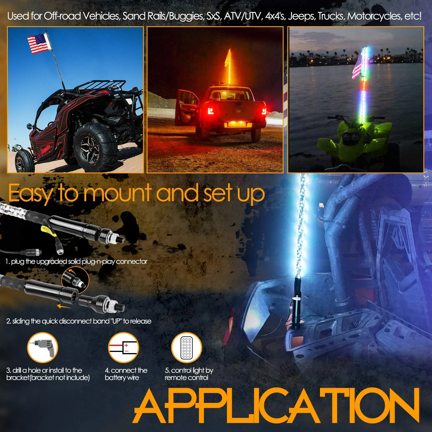 RGB LED Whip Light for ATV UTV Truck - Durable, Waterproof Vehicle ...
