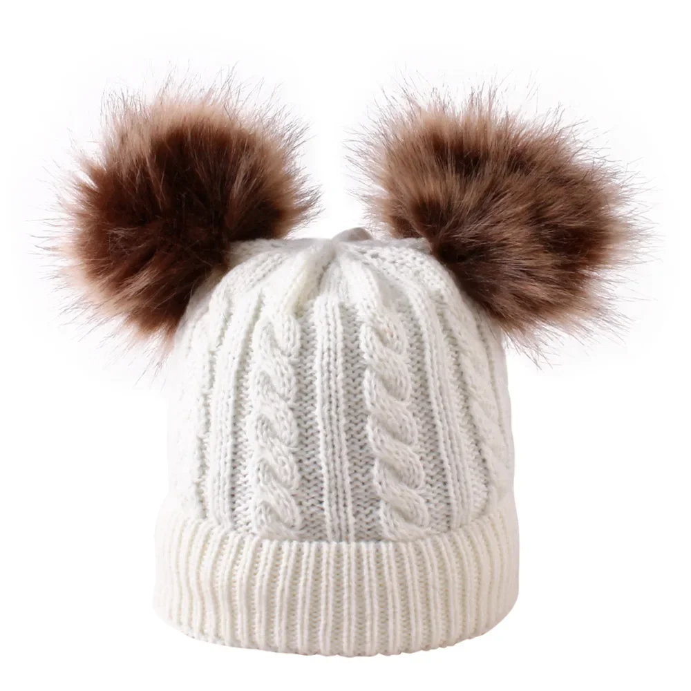 2024 2024 Winter Plain Double Fur Pom Pom Knitted Beanie Hat For Kids ...